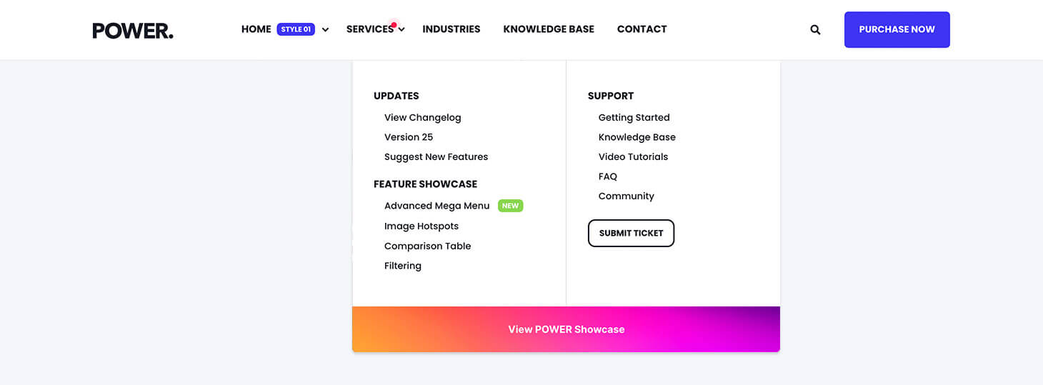 Mega Menu Design | POWER Theme Features